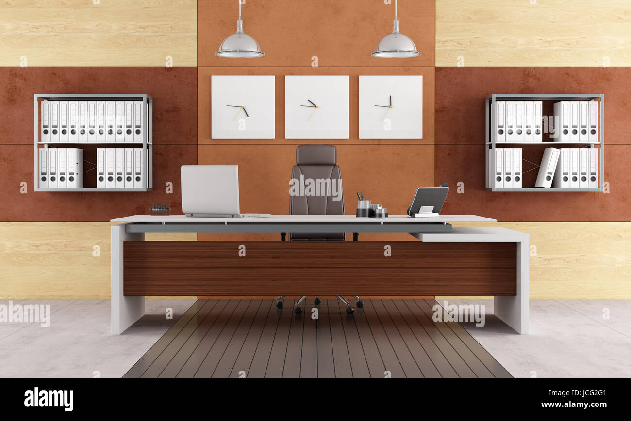 Elegant modern office with executive desk - rendering Stock Photo - Alamy