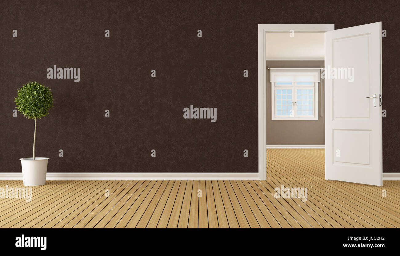 Empty room with open door and closed windows - rendering Stock Photo ...