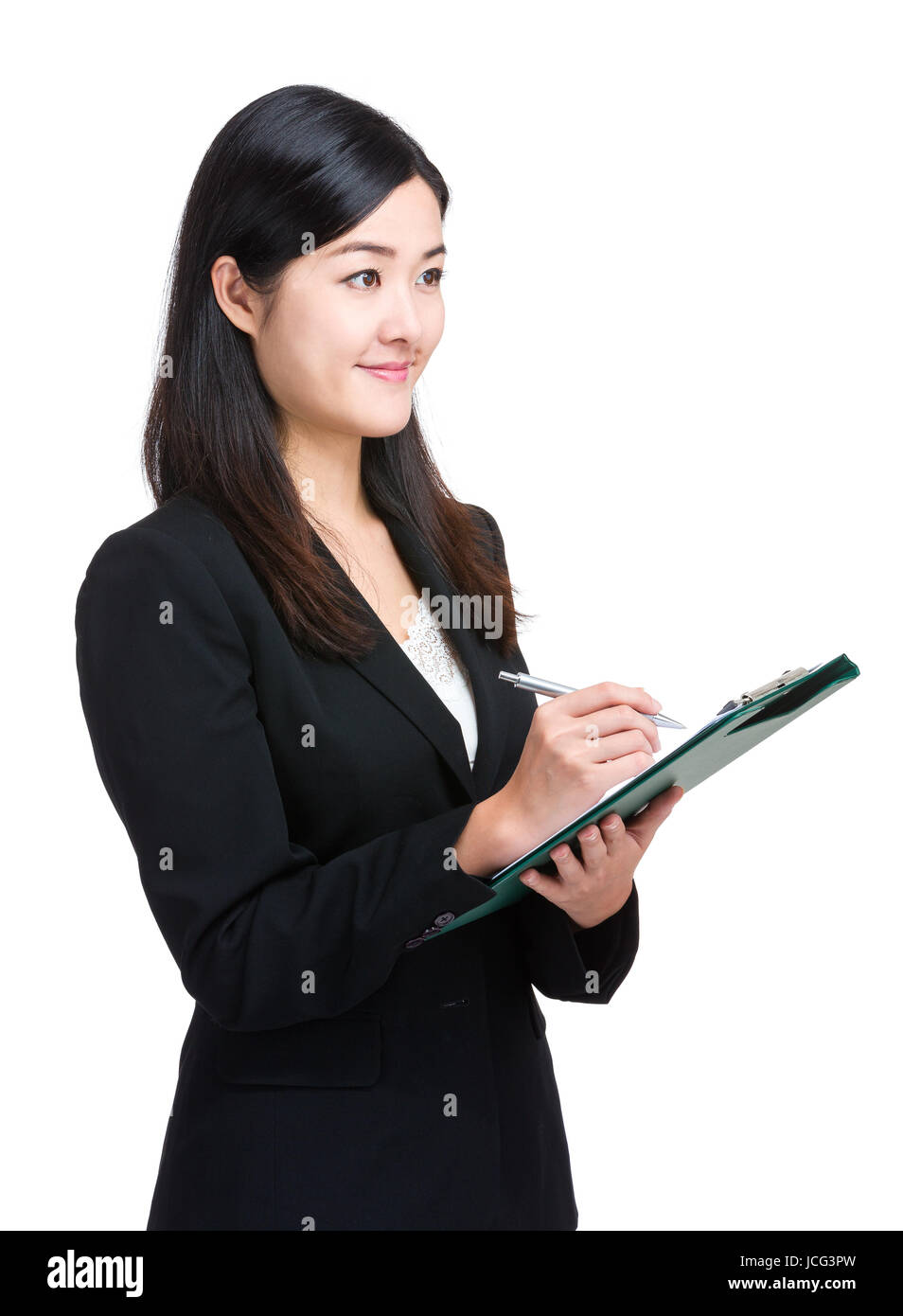 Woman write on clipboard Stock Photo - Alamy