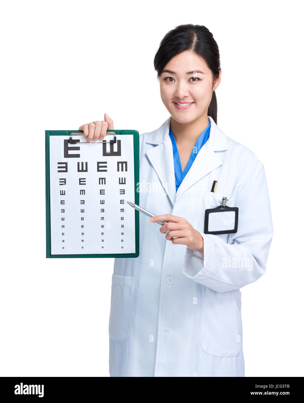 Optician doctor with eye chart and pen Stock Photo - Alamy