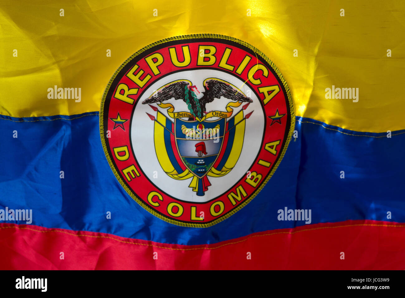 Close up of Waving Fabric Flag of Colombia, yellow red and blue Stock ...