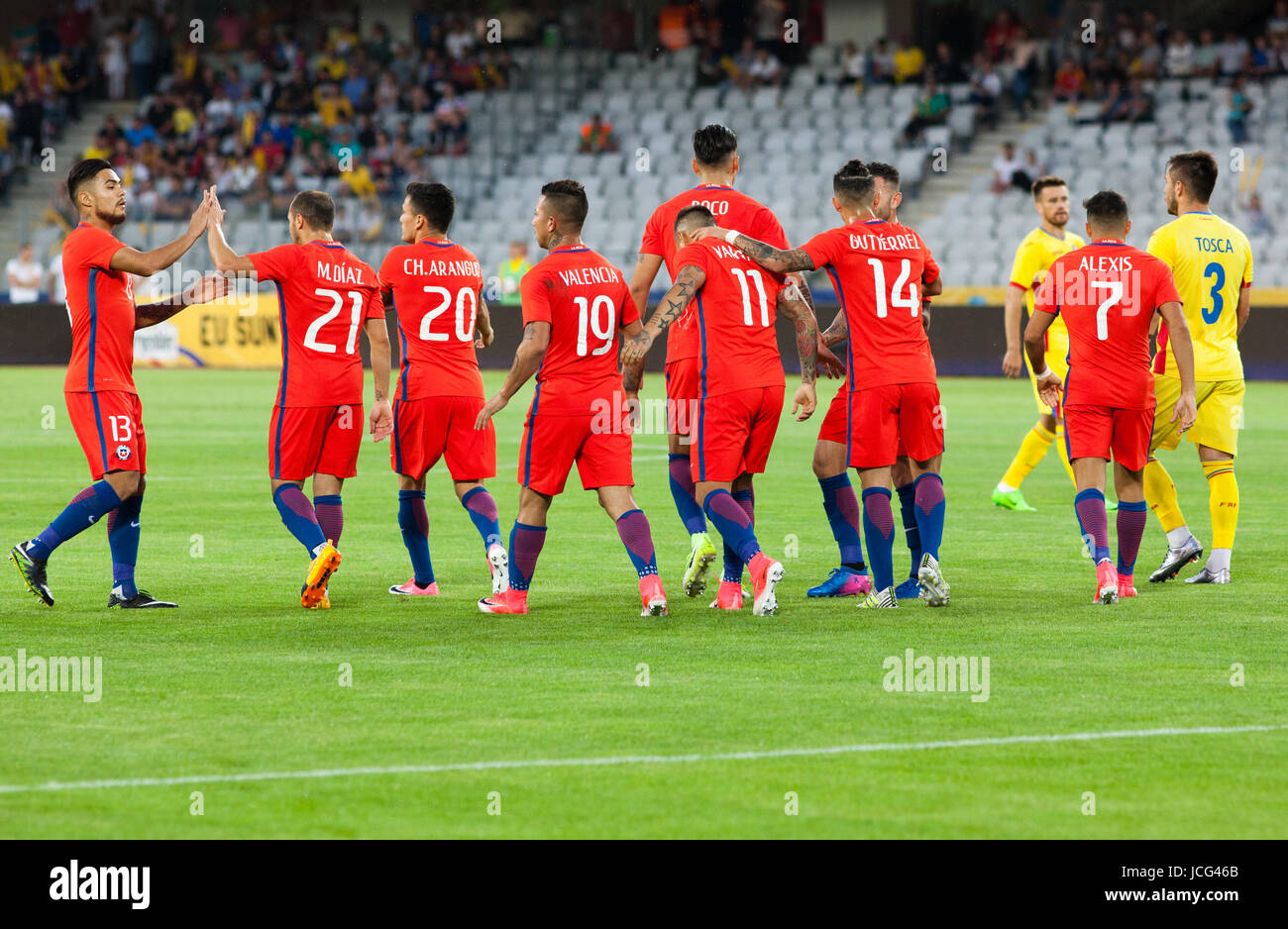 Chile's players celebrate during the Romania vs Chile friendly, Cluj ...