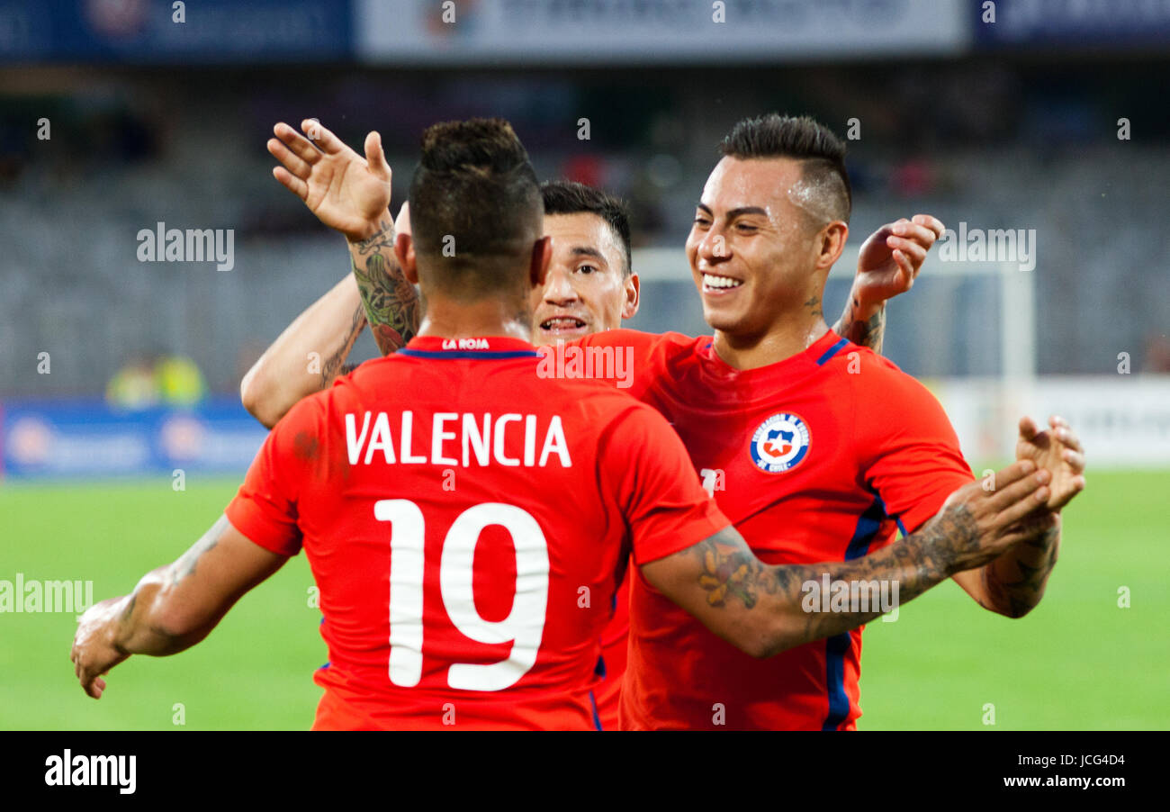 Chile's players celebrate during the Romania vs Chile friendly, Cluj ...