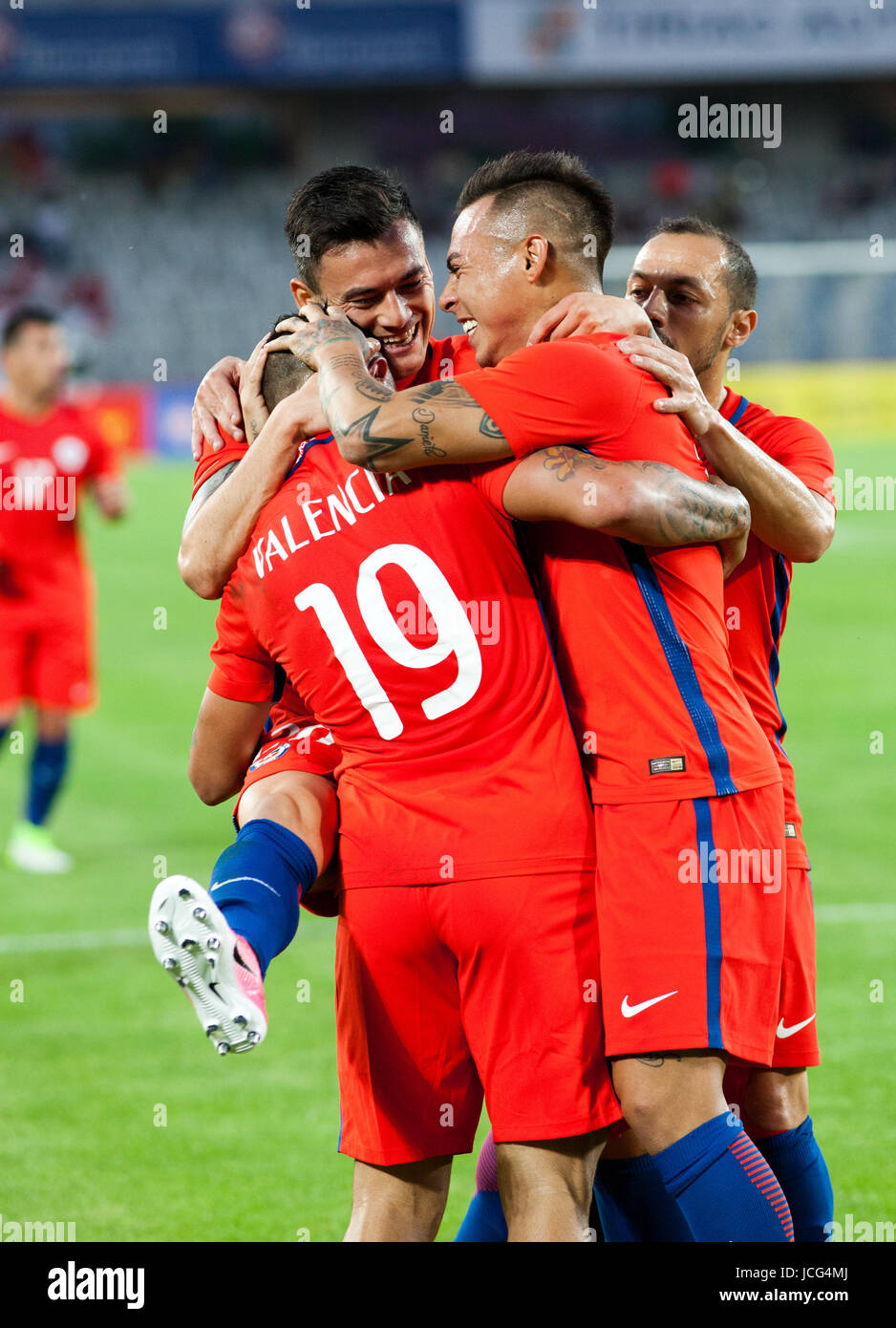 Chile's players celebrate during the Romania vs Chile friendly, Cluj ...