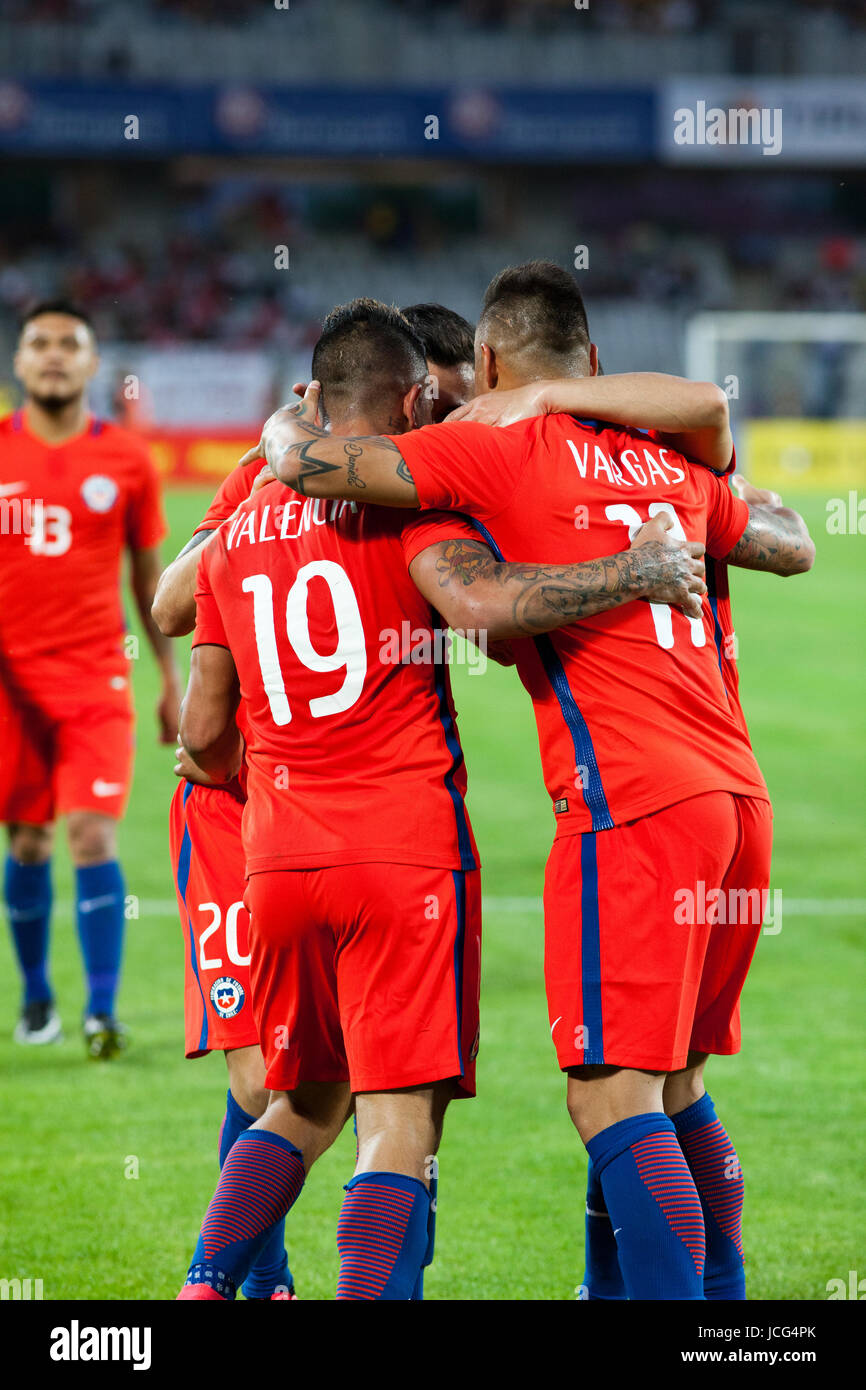 Chile's players celebrate during the Romania vs Chile friendly, Cluj ...