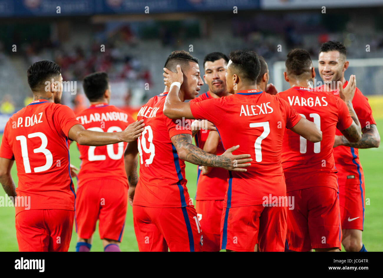 Chile's players celebrate during the Romania vs Chile friendly, Cluj ...