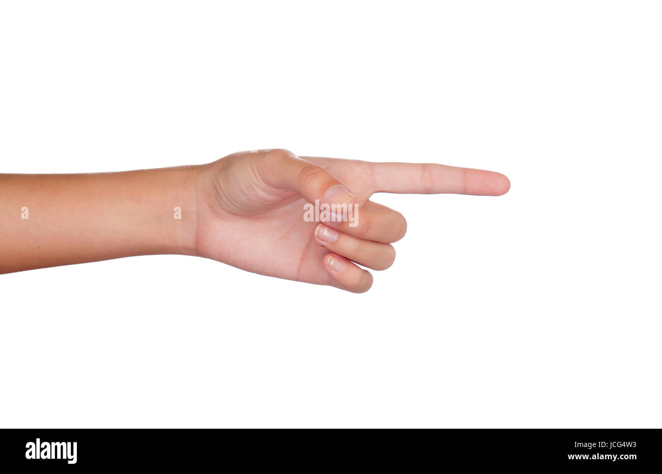 Hand pointing with index fingers at something isolated on white ...