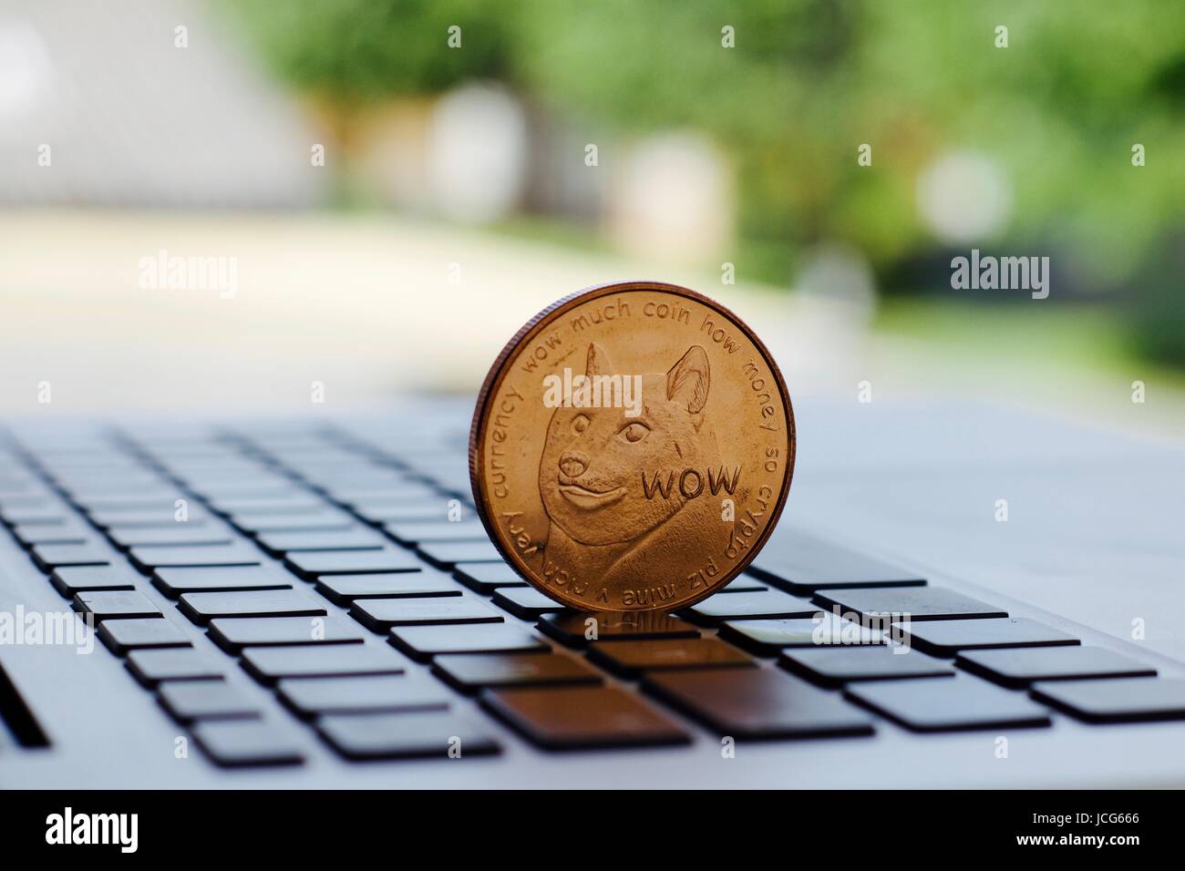 Digital currency physical brass dogecoin coin on the black computer ...