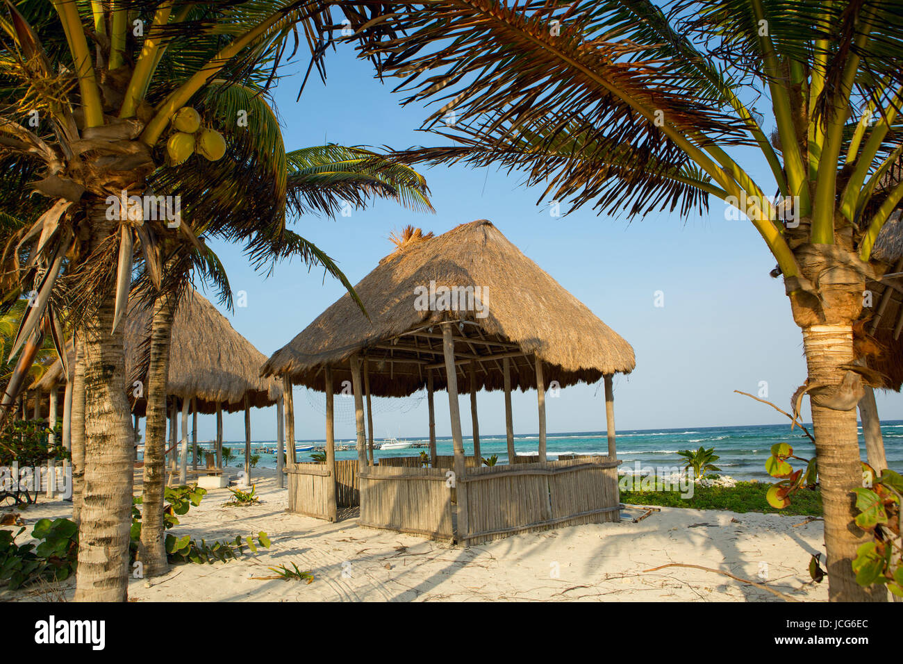 wooden beach palapa under the palm trees Stock Photo - Alamy