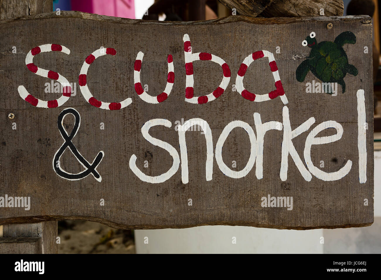 wooden plank scuba and snorkel sign Stock Photo - Alamy