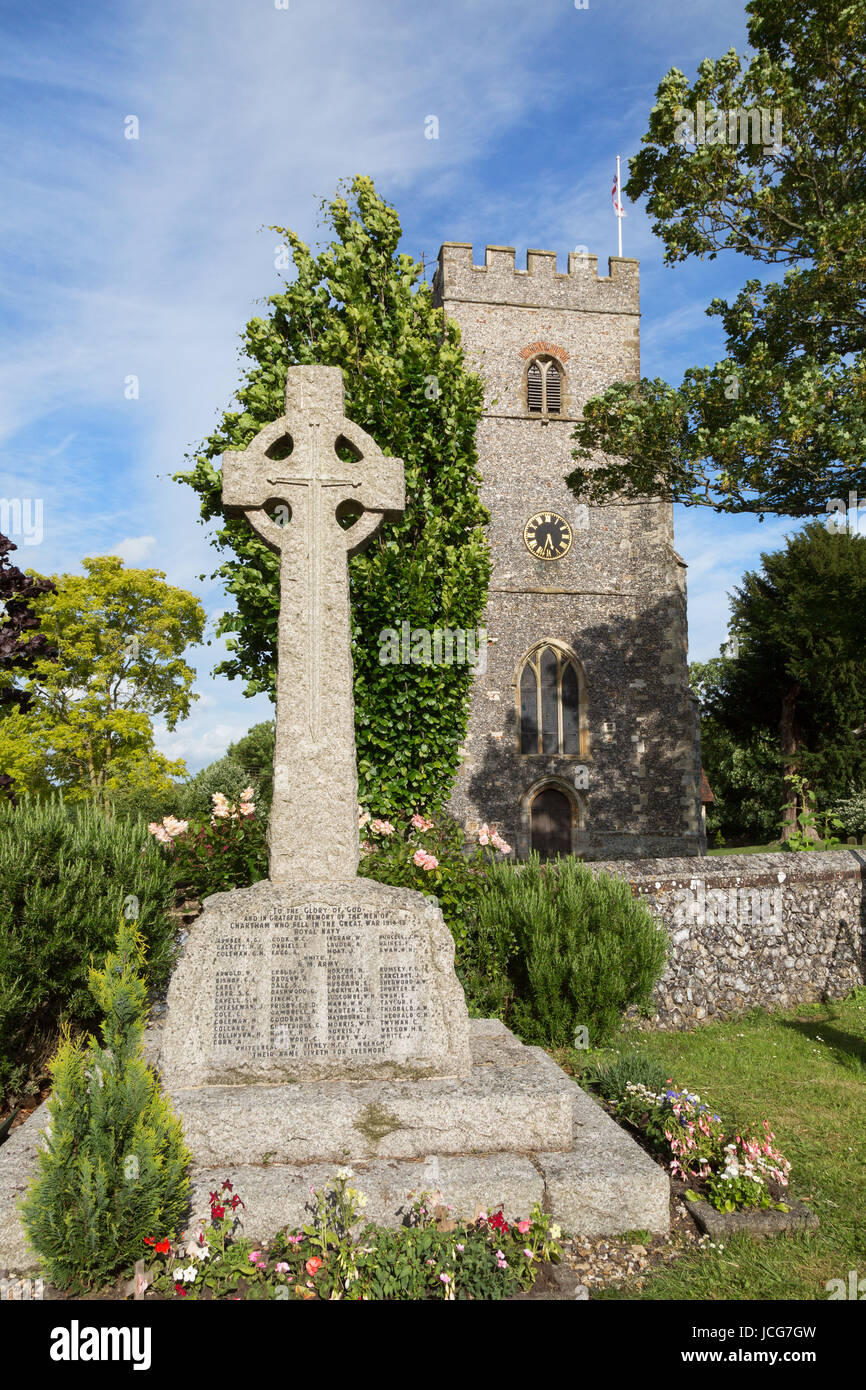 War Memorial and St Marys Church, Chartham village, Kent England UK ...
