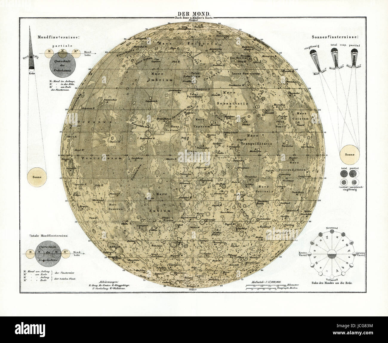 1856 Meyer Map of the Moon including Craters and Seas, along with ...
