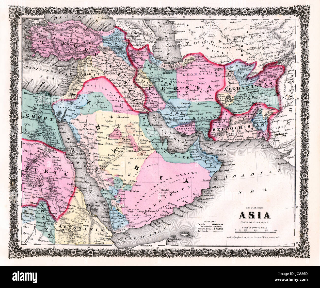 1858 Colton Map with hand coloring and floral border of the Middle East ...