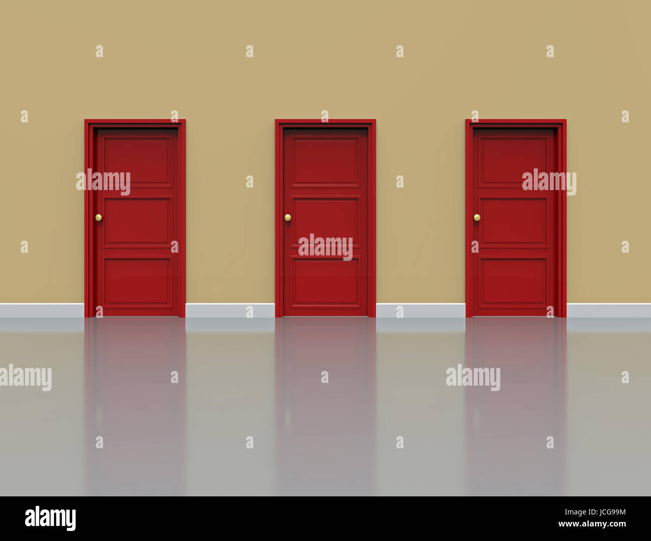 Wall with three red doors, 3d rendering Stock Photo - Alamy