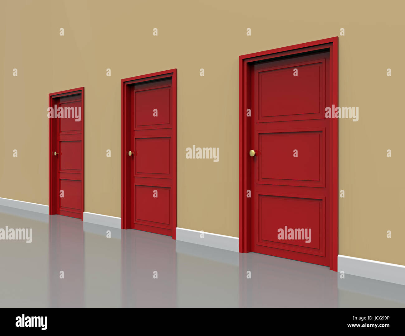 Wall with three red doors, 3d rendering Stock Photo - Alamy