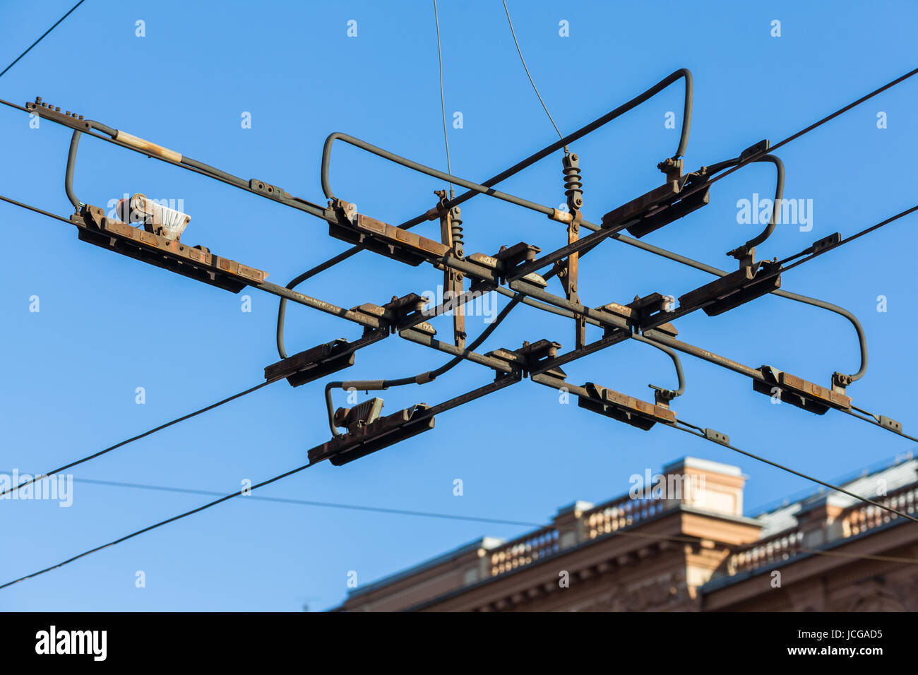 Crossroads of trolleybus wires on Nevsky Prospekt in St. Petersburg ...