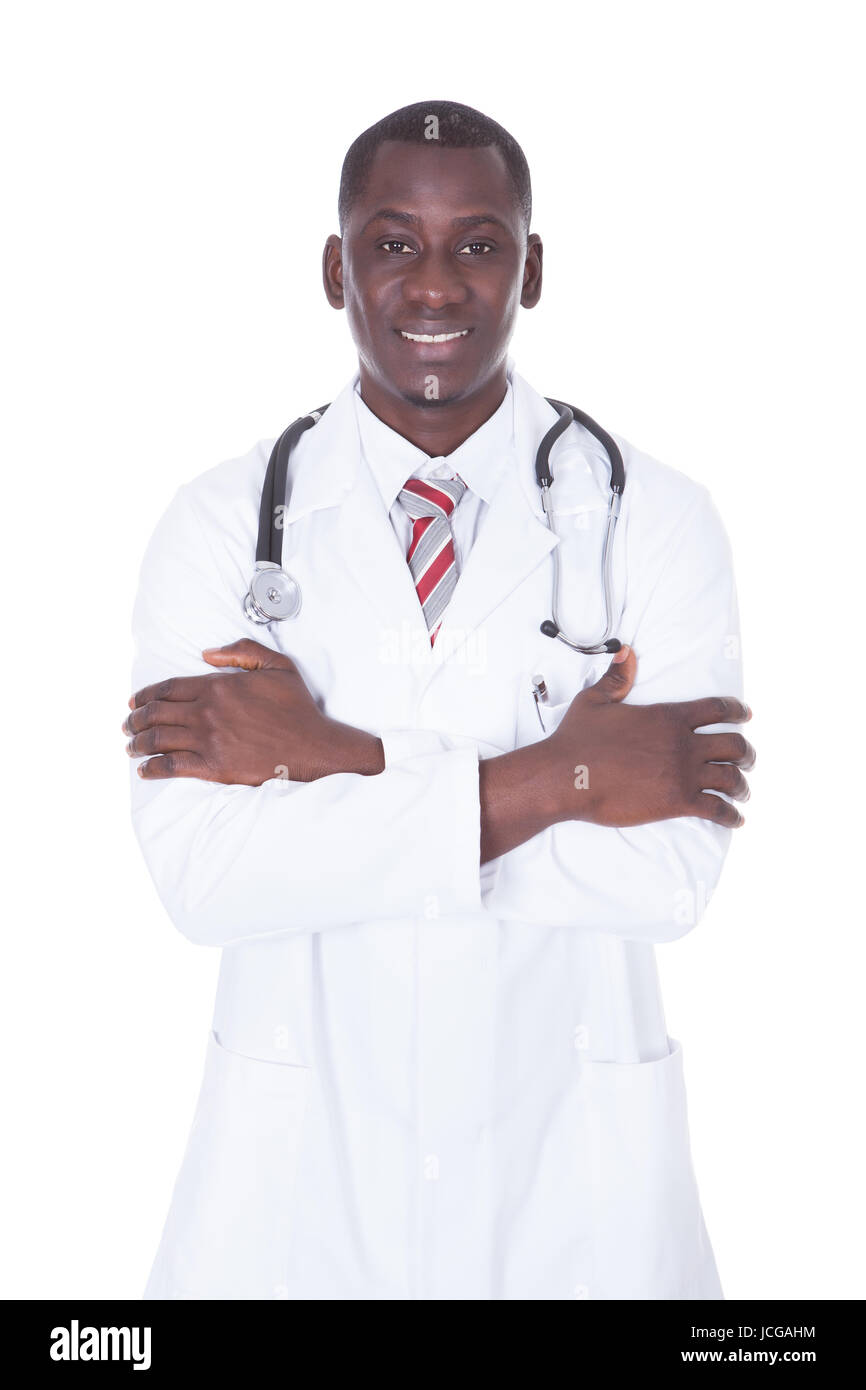 Portrait Of A Young African Male Doctor Over White Background Stock ...