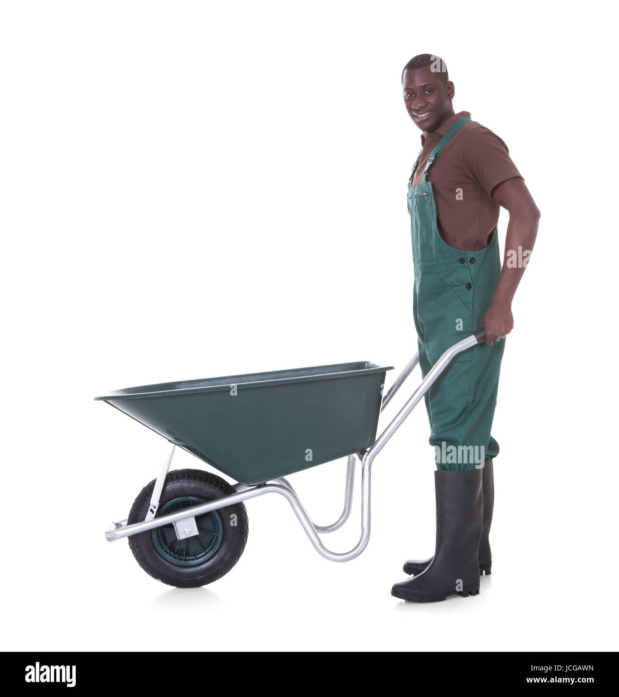 Happy Male Gardener Holding Wheelbarrow Over White Background Stock ...