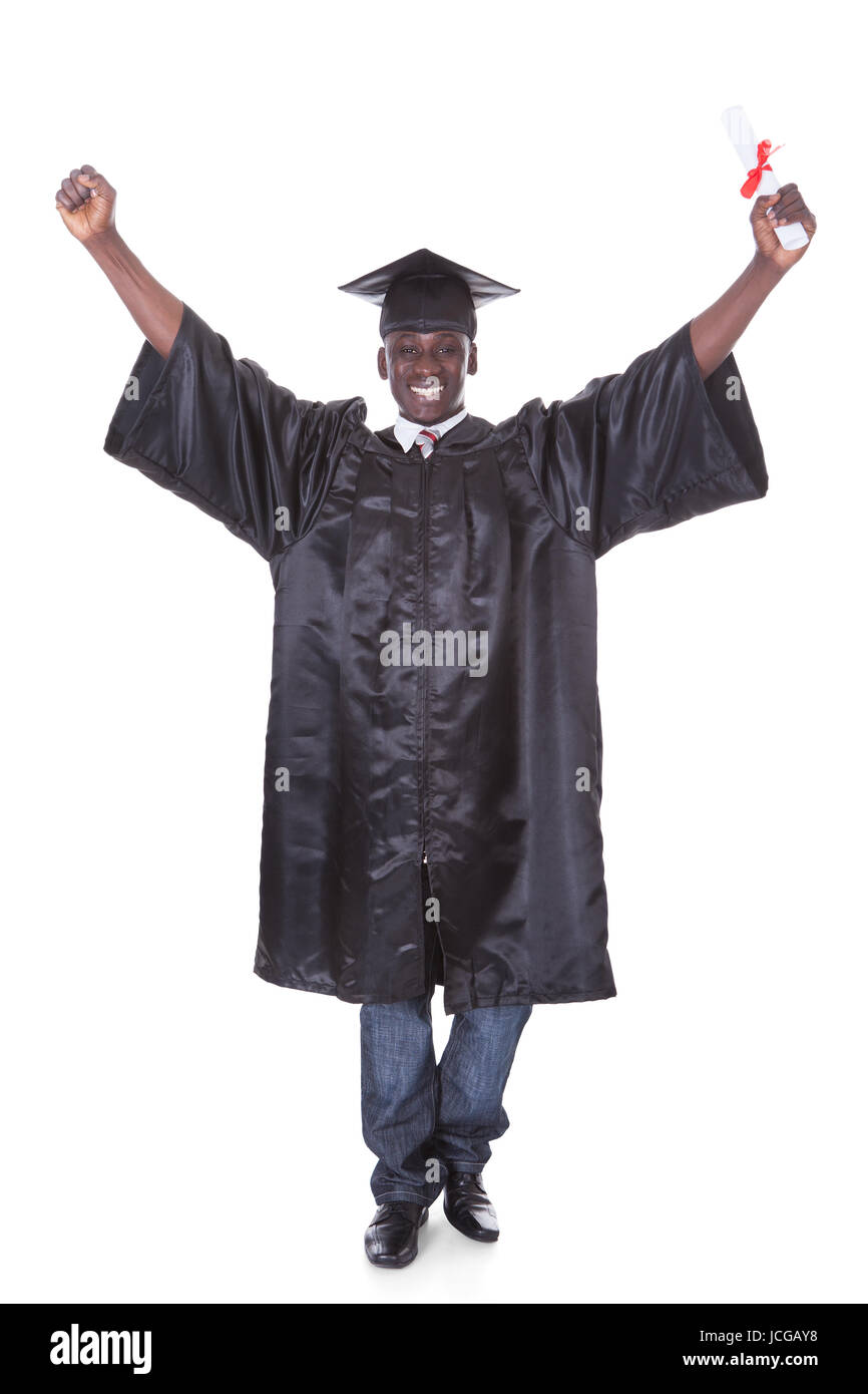 Graduation Man With Diploma Raising Hand Over White Background Stock ...