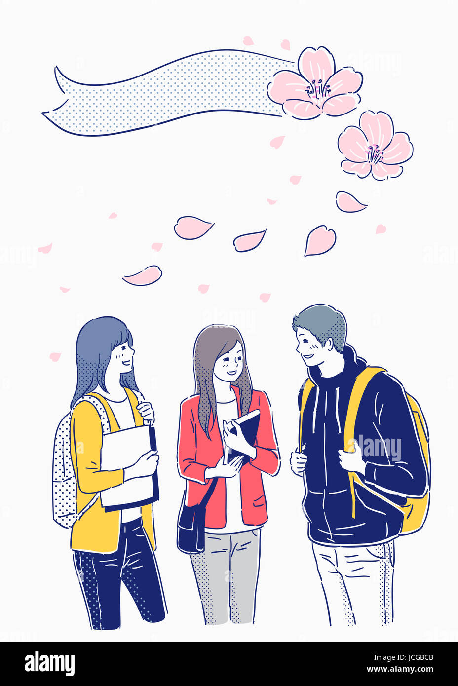 Three csmiling college students in casual clothes starting new semester ...
