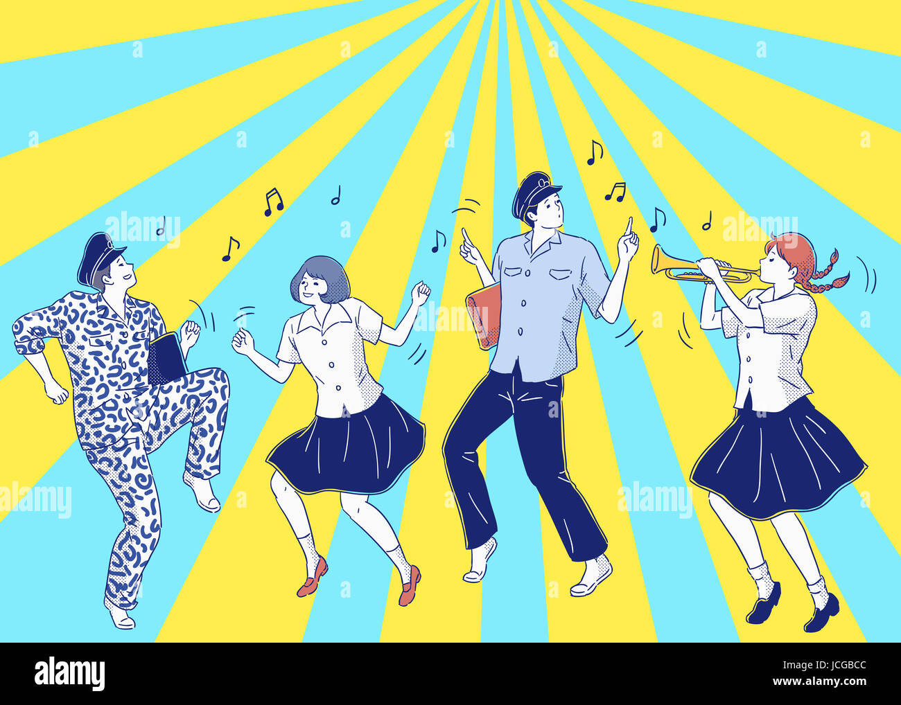 Four students in retro-style school uniforms dancing playing ...