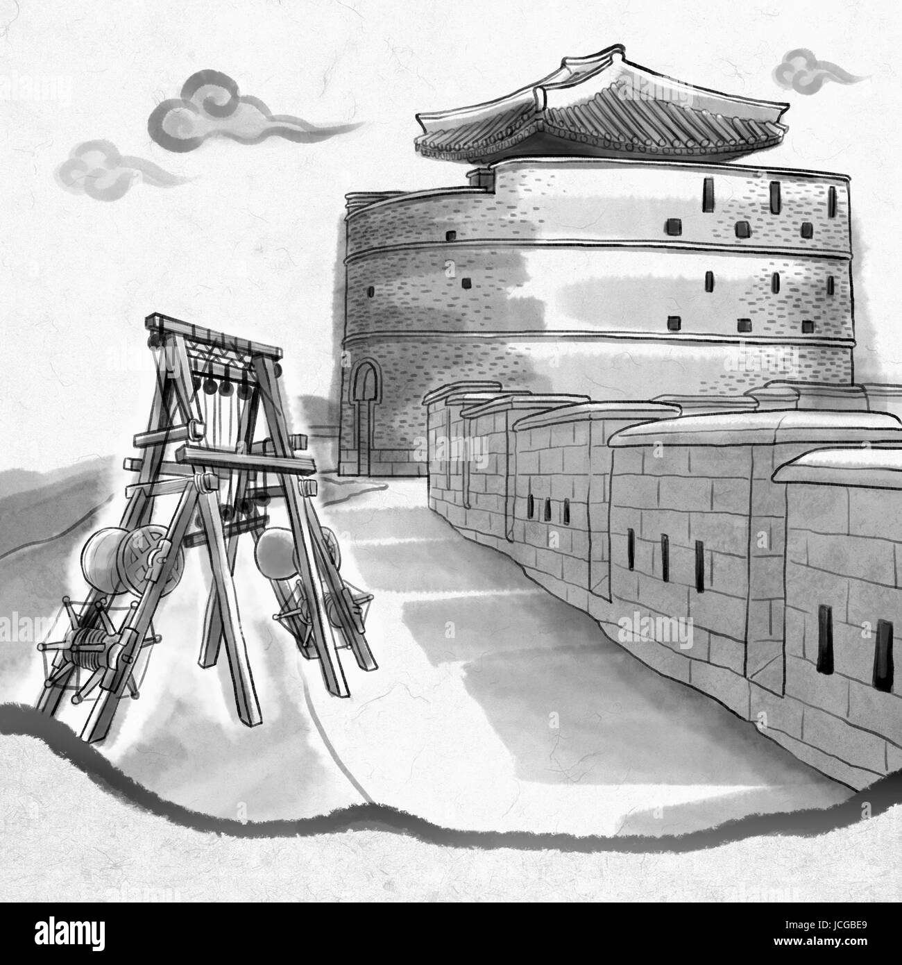 Illustration of traditional Korean structure, Suwon Hwaseong Fortress ...