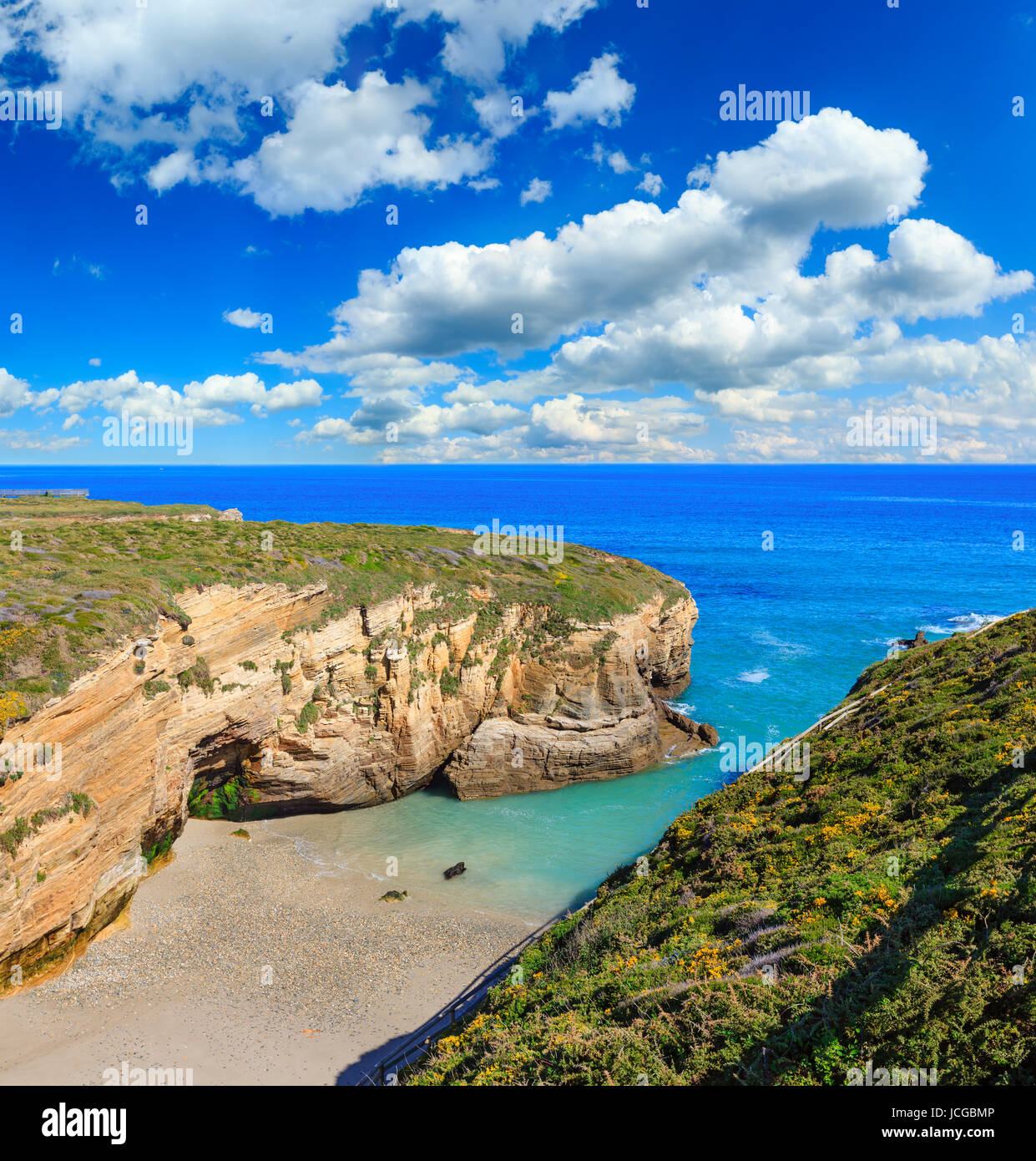 Blossoming Cantabric coast summer landscape (Cathedrals Beach, Lugo ...