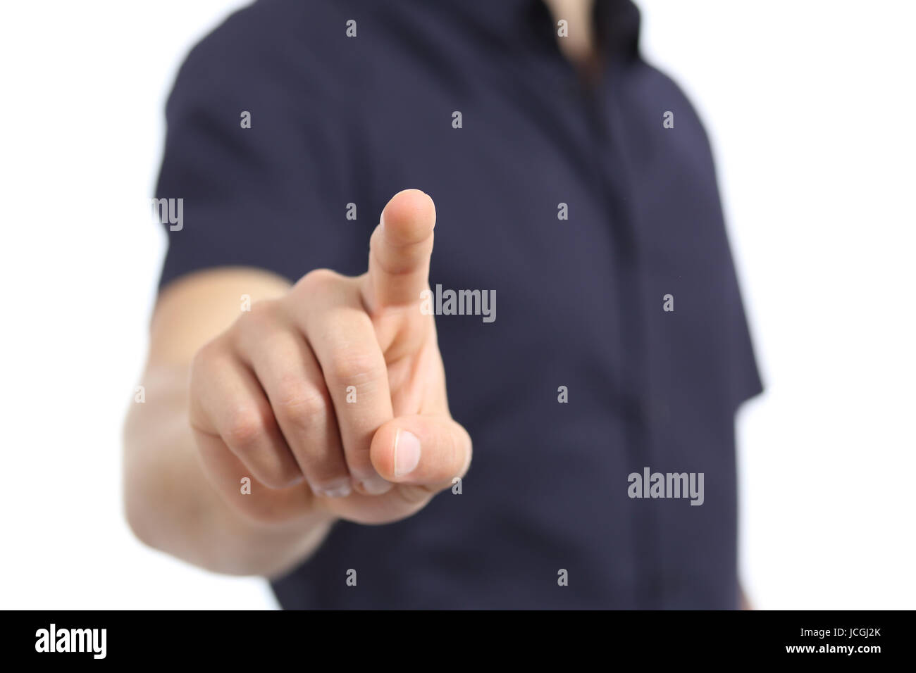 Closeup of a man hand checking a button on a white background Stock ...