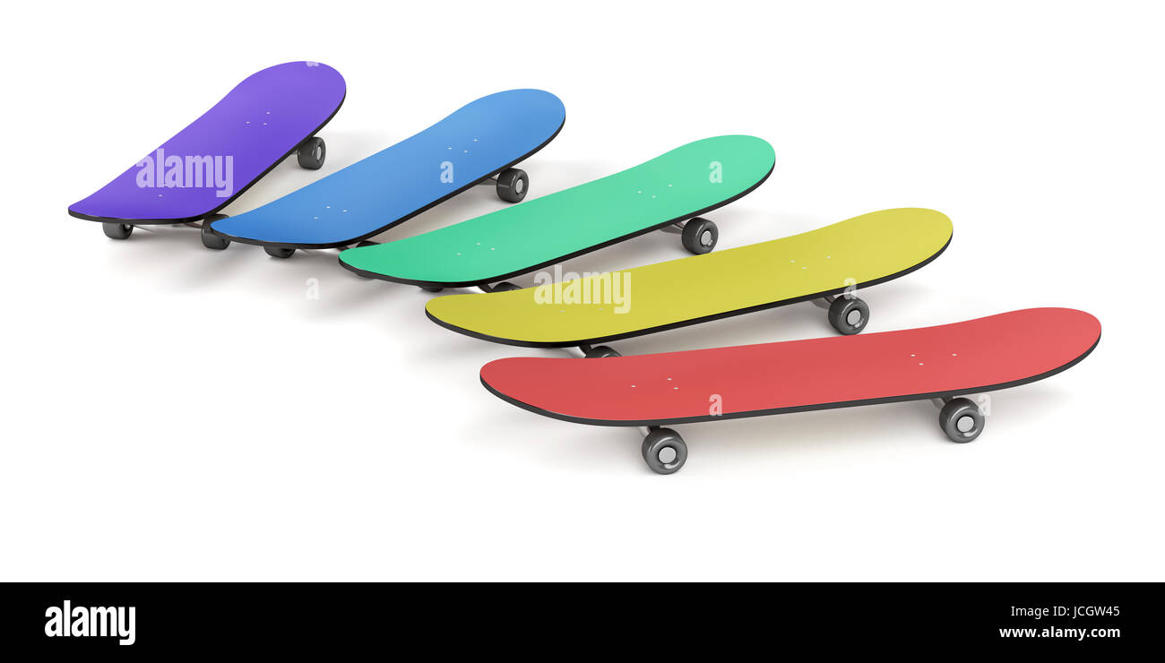 Group of skateboards with different colors on white background Stock ...