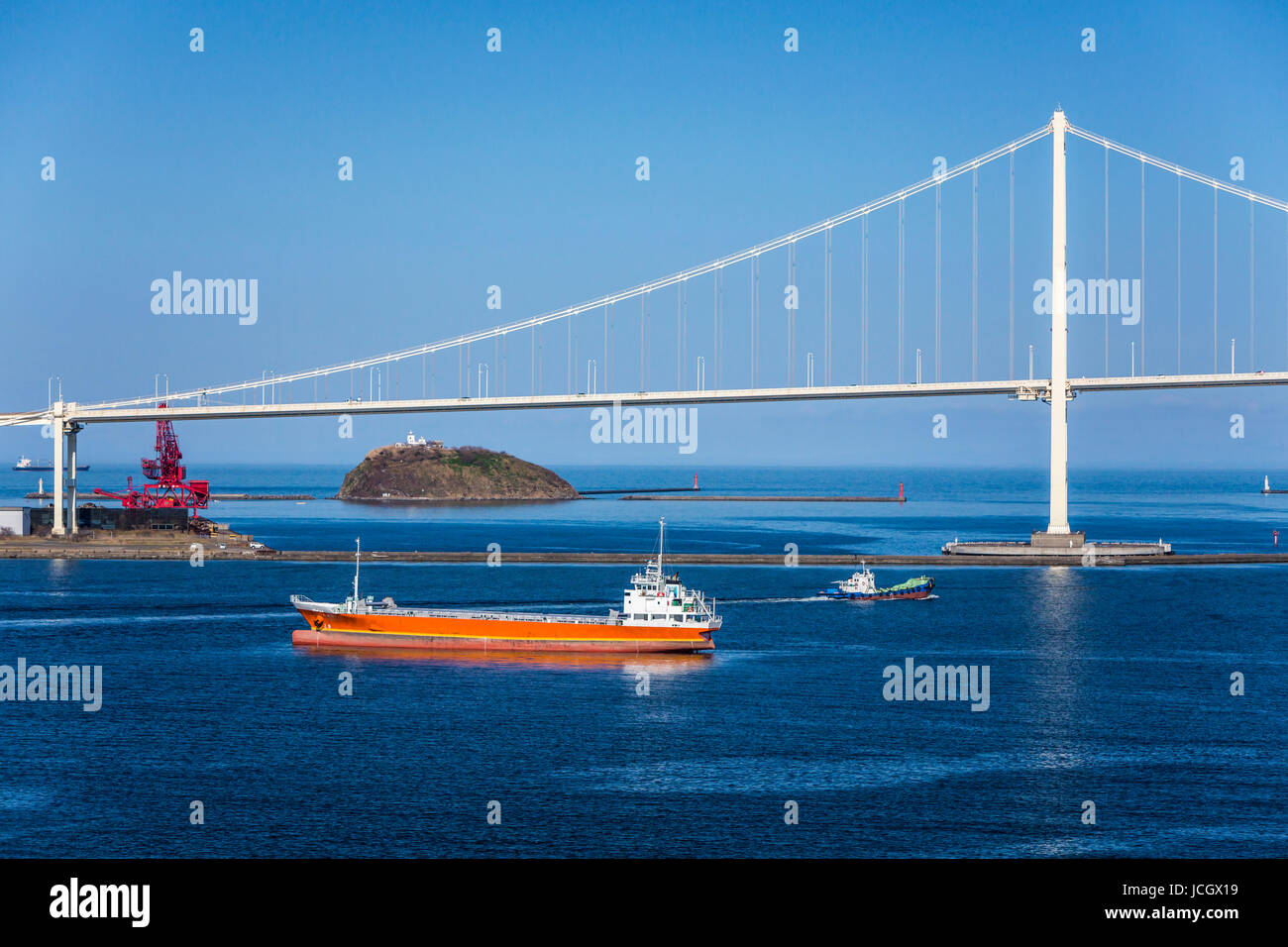 The Hakuchō suspension Bridge and ships in Muroran, Hokkaido Prefecture ...