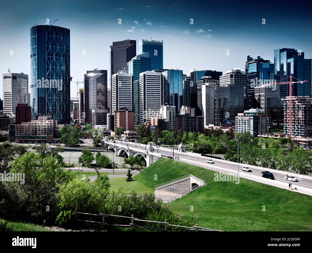 Calgary city downtown beautiful skyline with Centre Street Bridge over ...