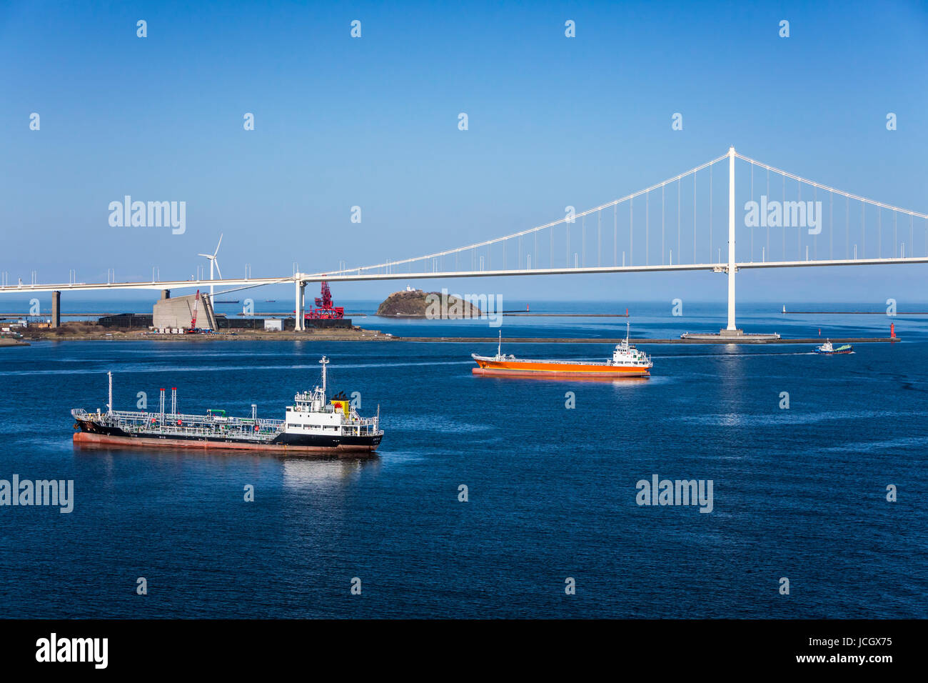 The Hakuchō suspension Bridge and ships in Muroran, Hokkaido Prefecture ...