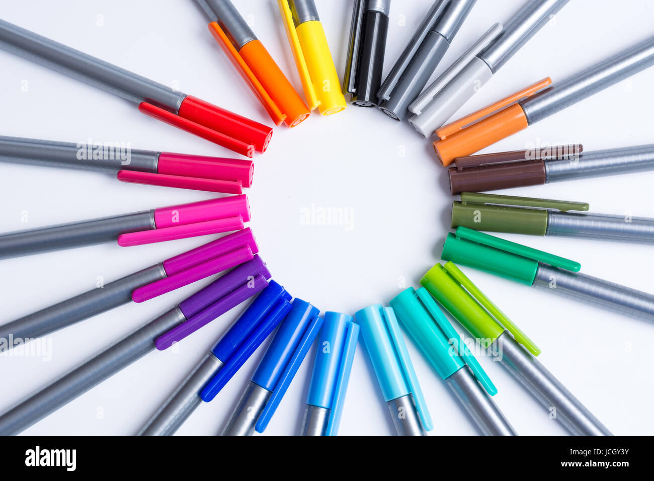 Many color fine liners in a circle isolated on white background Stock ...