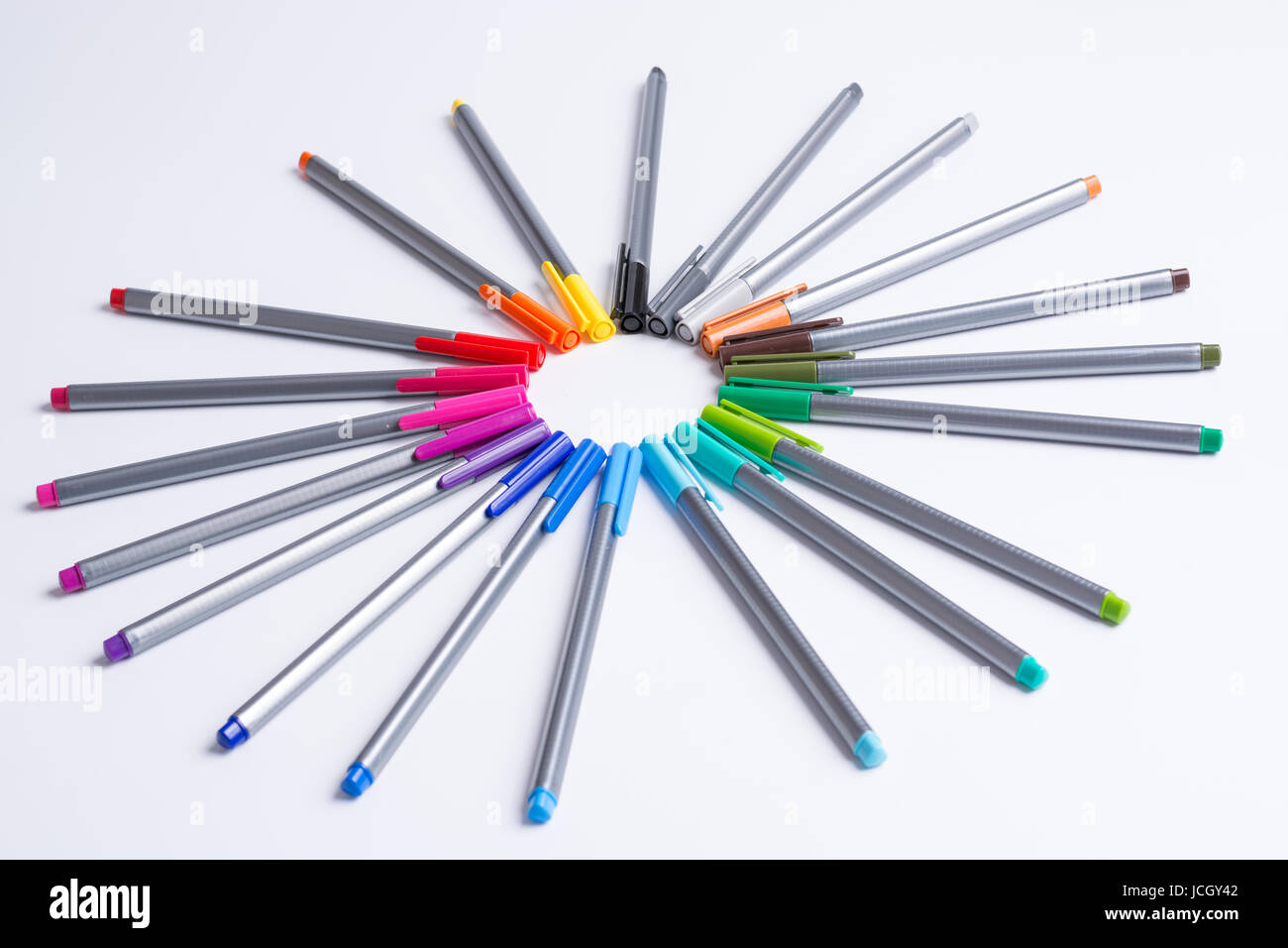 Many color fine liners in a circle isolated on white background Stock ...