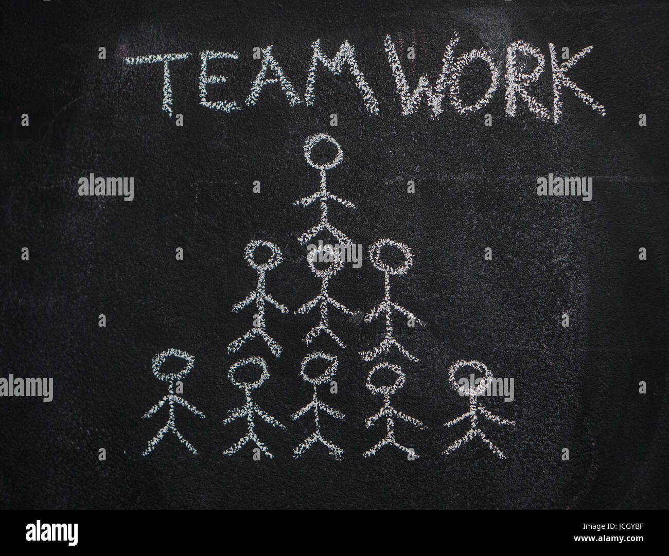 Human team pyramid and teamwork word drawn, written with white chalk on ...