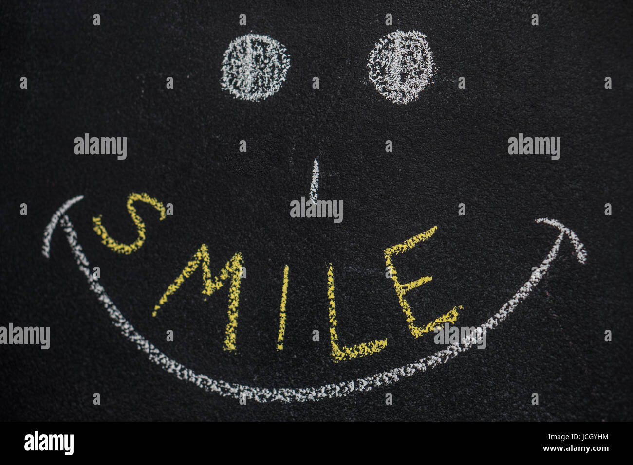 Happy cartoon face with smile word drawn with chalk on blackboard Stock ...