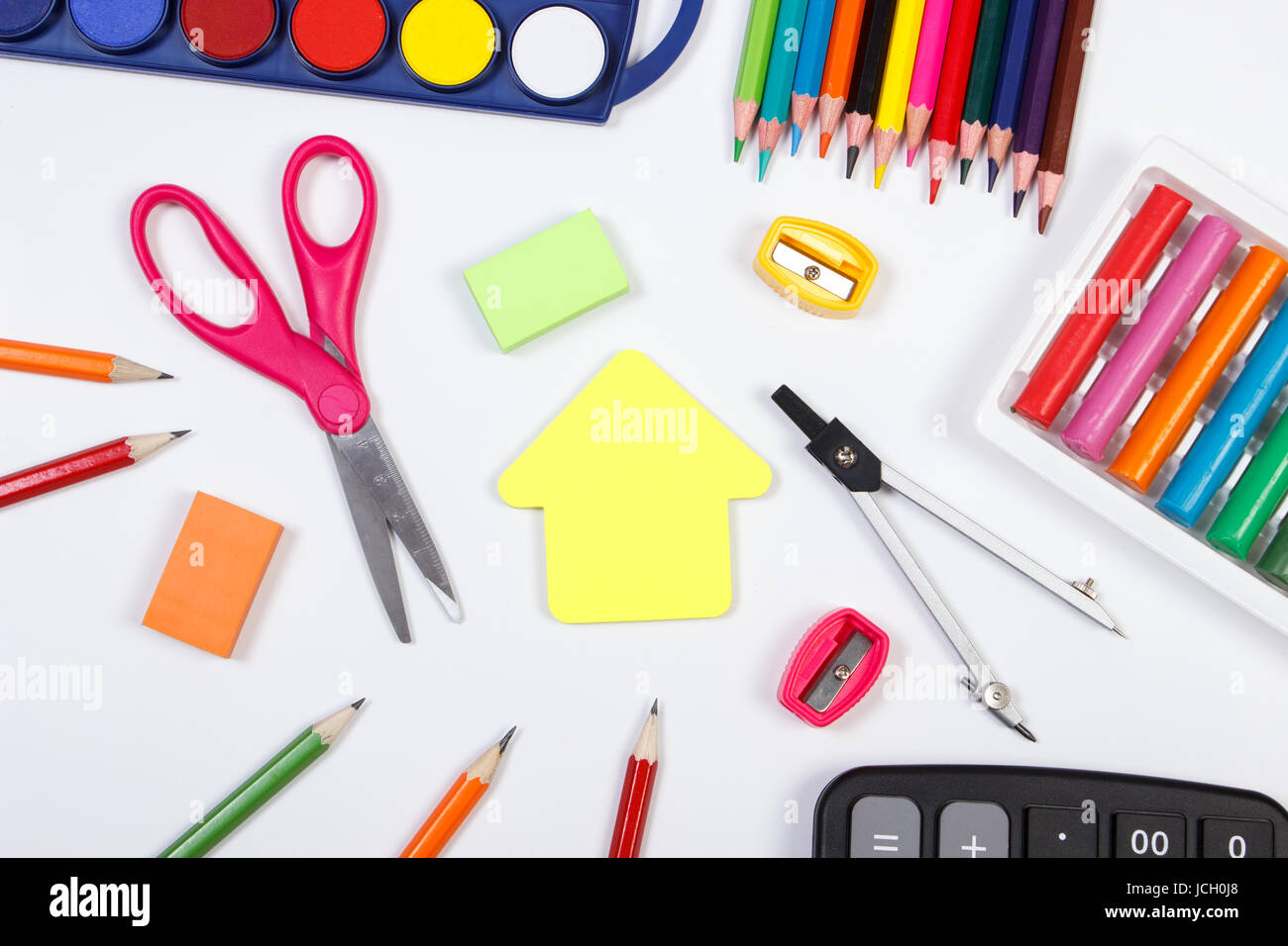 School and office accessories, shape of school building on white ...