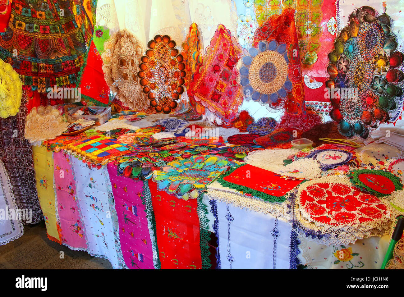 Display of nanduti at the street market in Asuncion, Paraguay. Nanduti ...