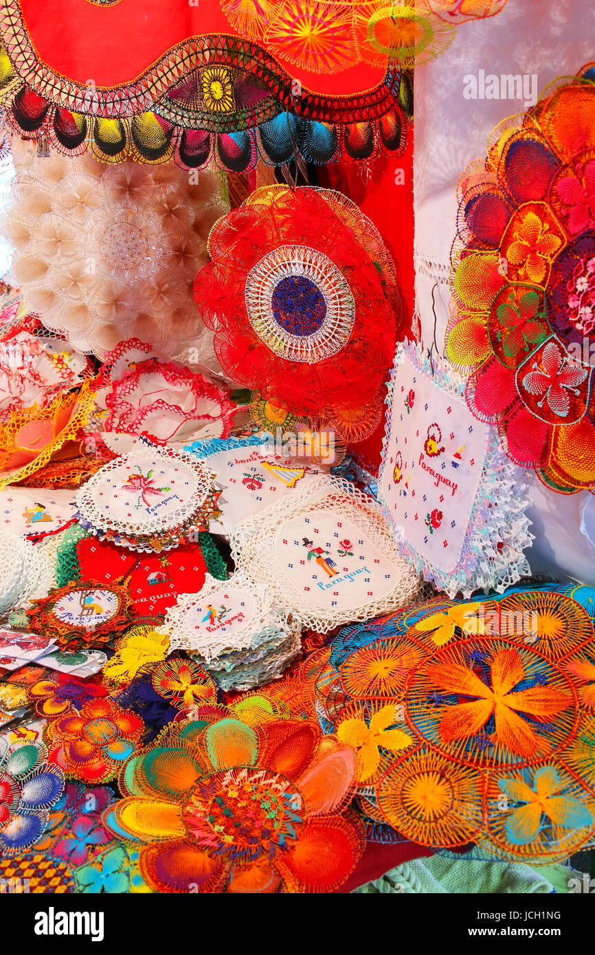 Display of nanduti at the street market in Asuncion, Paraguay. Nanduti ...