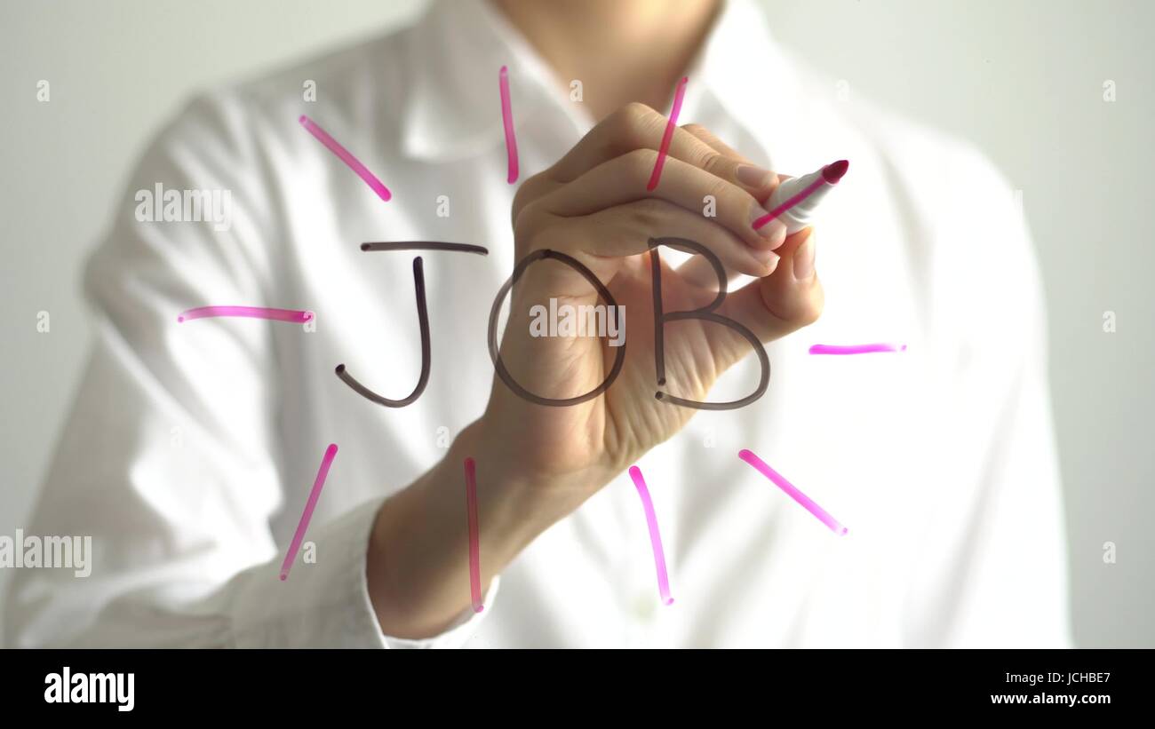 Woman writing JOB on transparent screen. Businesswoman write on board ...