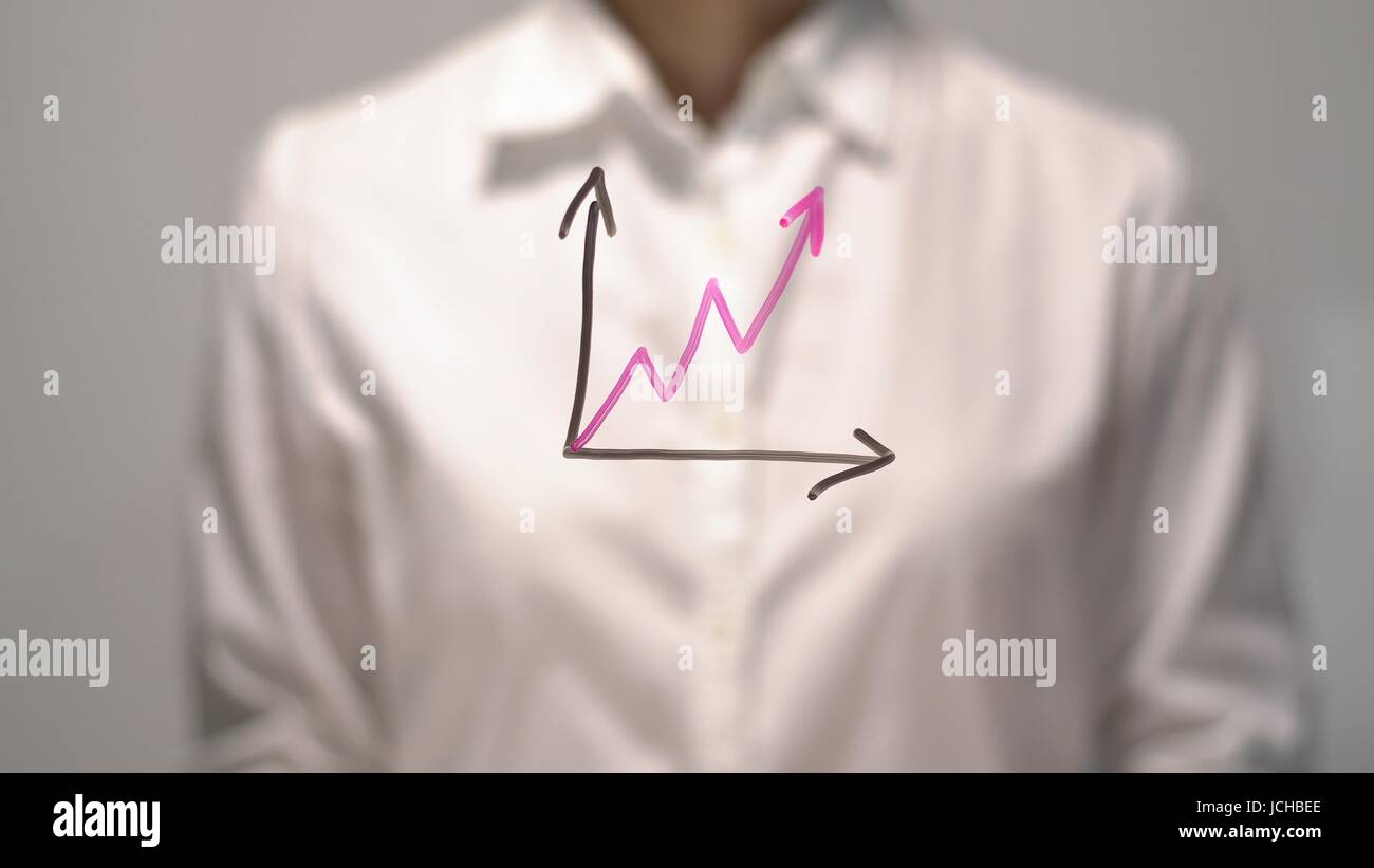Woman drew Gradual Rise diagram with red up arrow on transparent screen ...