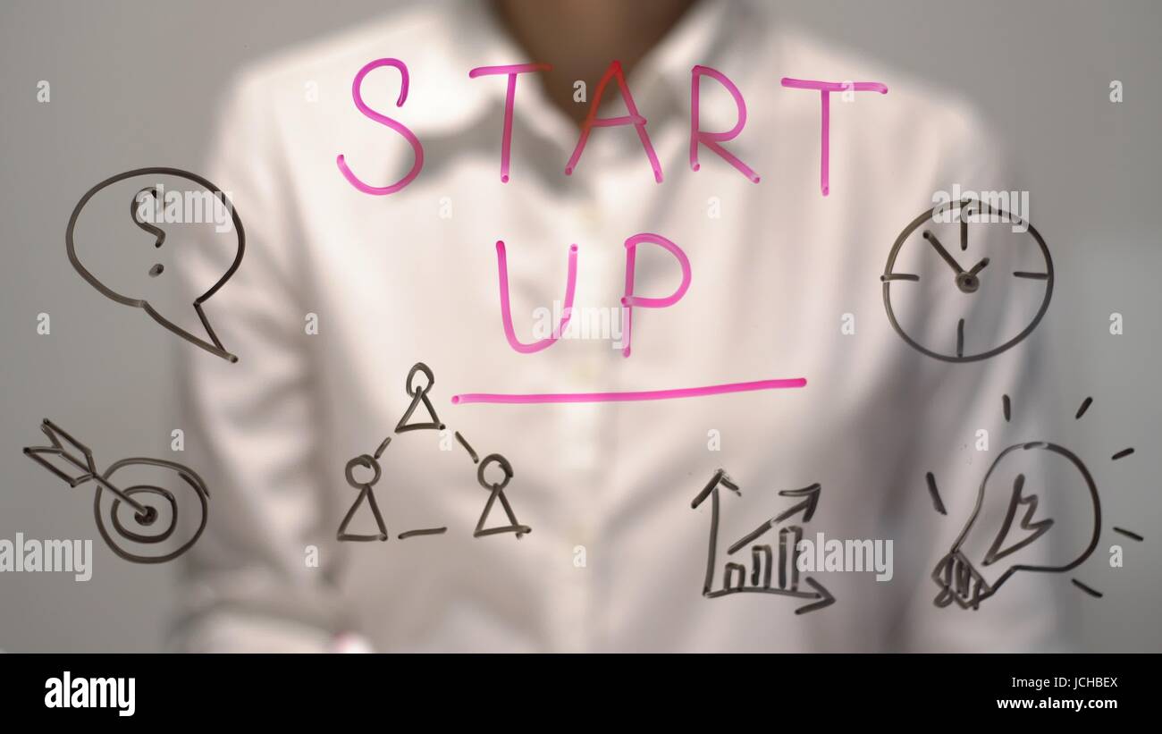 concept. Woman wrote Start Up on transparent screen. Businesswoman ...