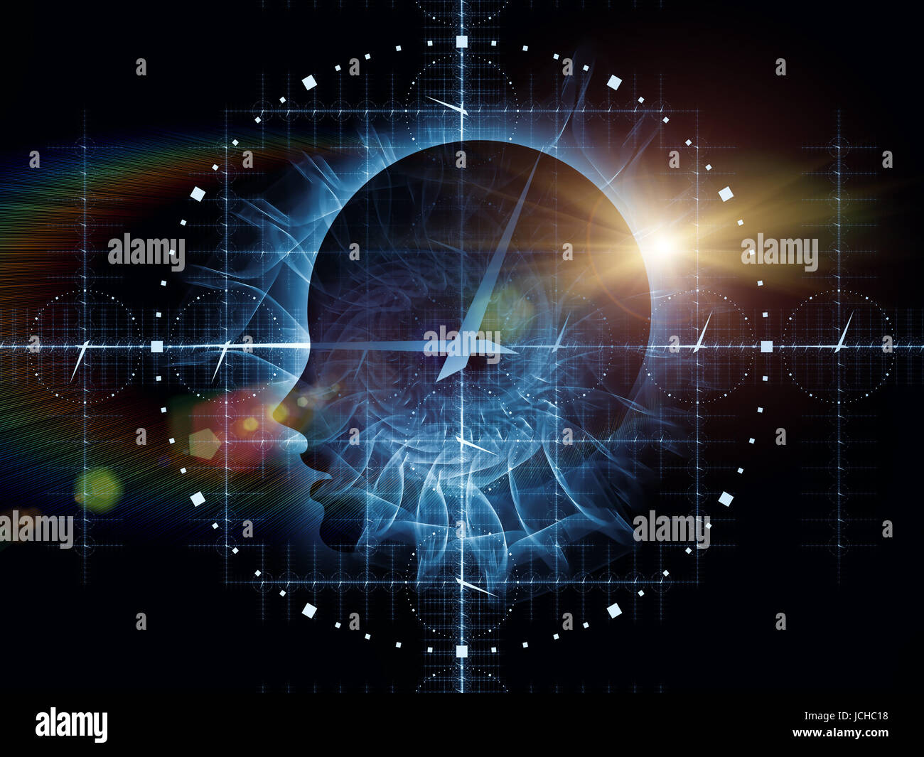 Mind Time series. Graphic composition of Human profile, clock and ...
