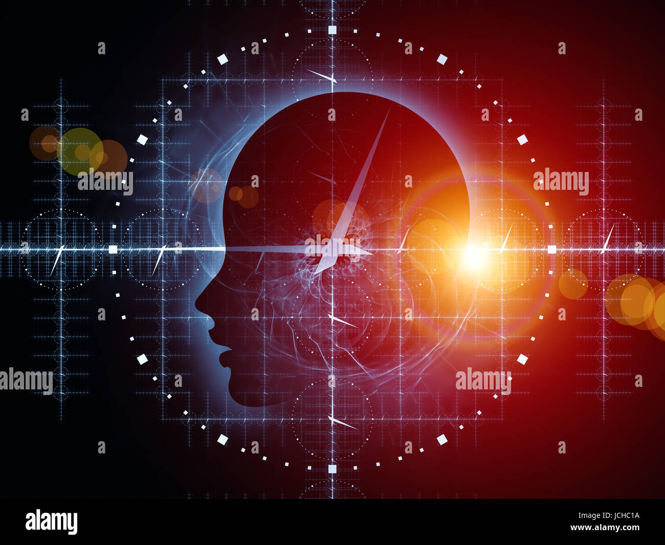 Mind Time series. Graphic composition of Human profile, clock and ...