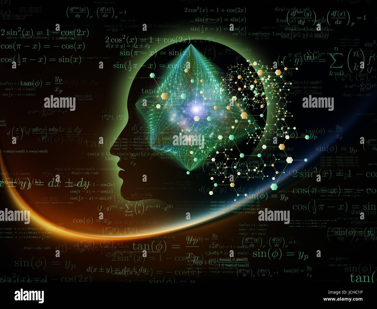 Mind Geometry series. Abstract design made of Human profile, math and ...