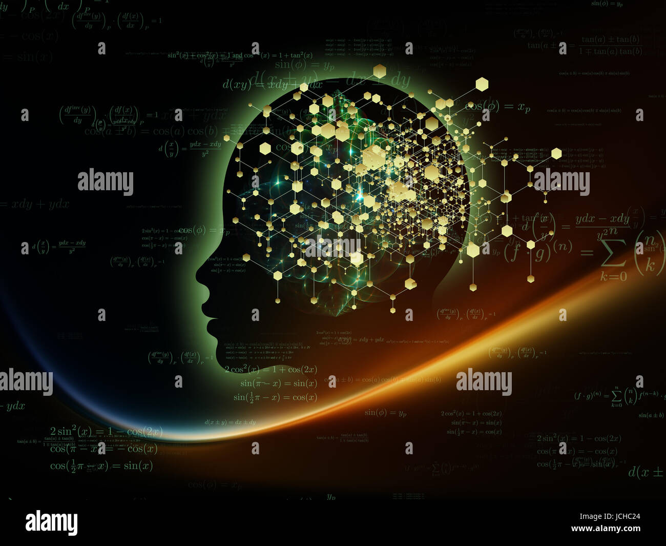 Mind Geometry series. Abstract design made of Human profile, math and ...