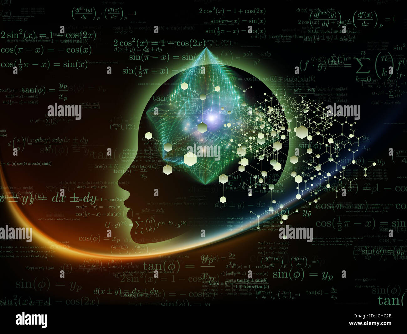 Mind Geometry series. Abstract design made of Human profile, math and ...