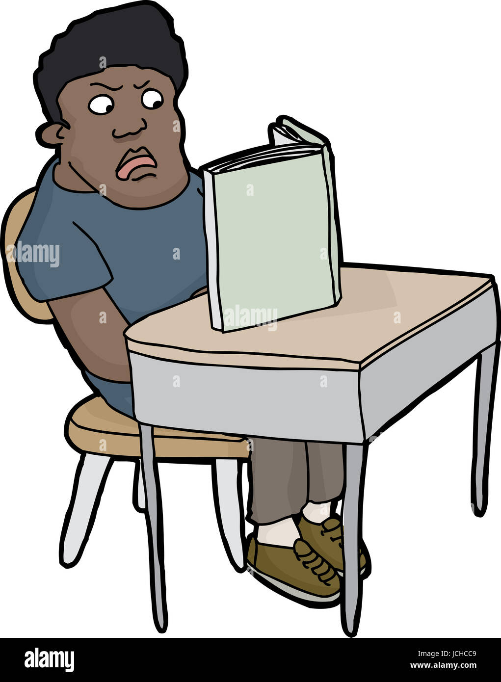 Outraged male student at desk reading blank book Stock Photo - Alamy