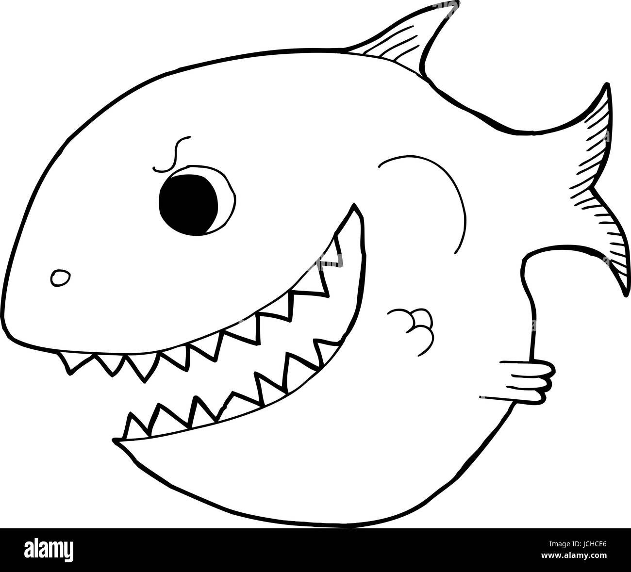 Black outline smiling cartoon fish with big teeth Stock Photo - Alamy