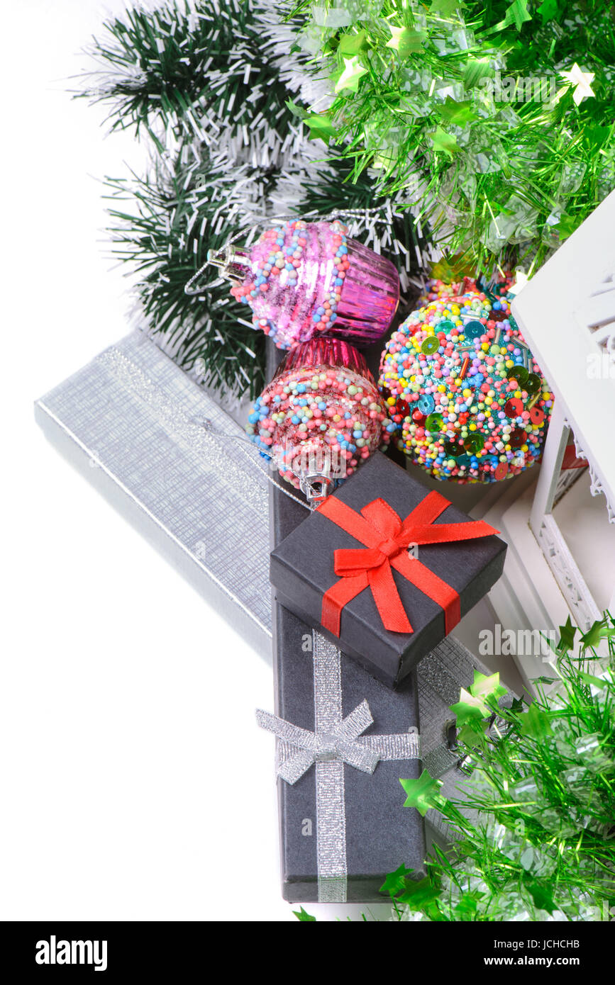 Top view on christmas present boxes and tinsel isolated on white Stock ...